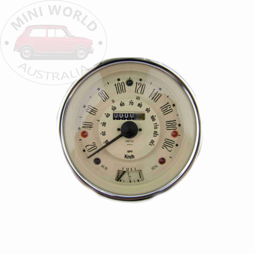 Morris Mini 200 Km/h speedo in magnolia by Smith | Mini World Australia