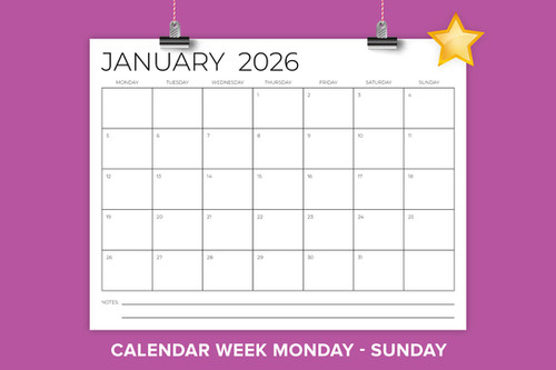 2026 8.5 x 11 Inch Thin Sans Serif Monday to Sunday Calendar Template ...