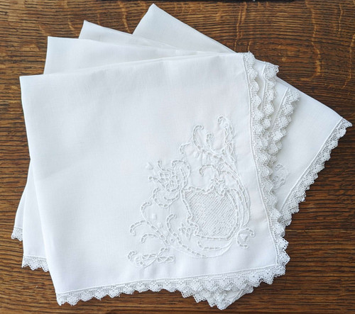 Vintage Linen Napkins White Cutwork Needlework Lace Set of 4 ...