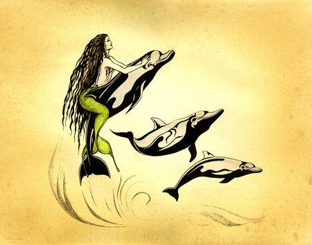 ‘Wild Life’ Mermaid & Dolphin Surfing & Jumping Waves - Hand-drawn in ...