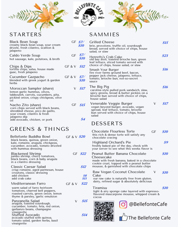 Menu | The Bellefonte Cafe