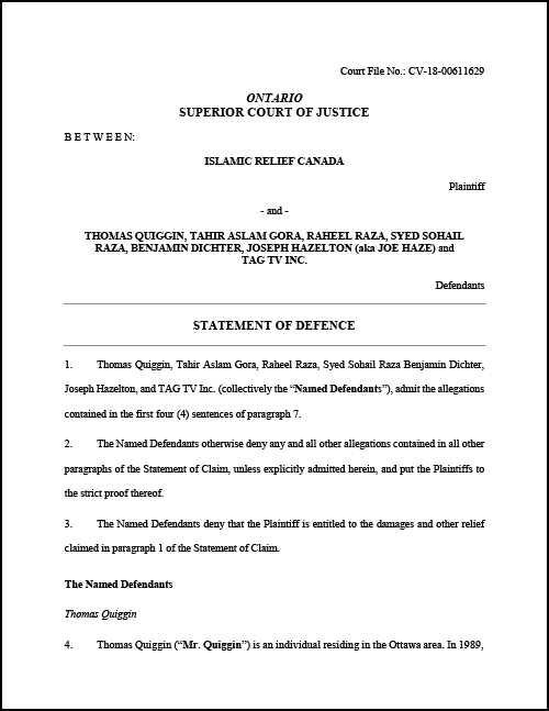 Tom Quiggin’s Statement of Defence in Islamic Relief Canada Defamation