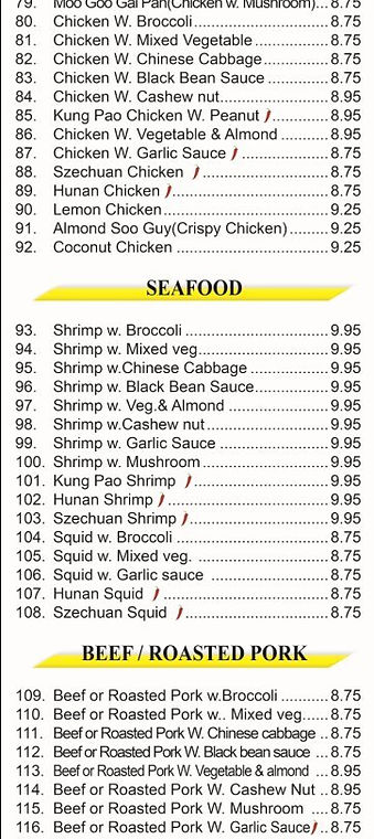 Dining In and take out menu