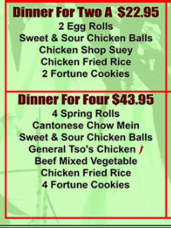 Dining In and take out menu
