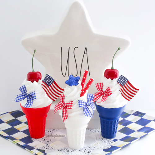 4th of July Faux Patriotic Ice Cream Cones for Display | dashingdoordecor