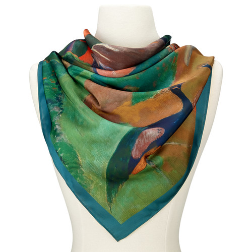 Gauguin Landscape with Peacock Satin Chiffon Scarf | galleria-enterprises