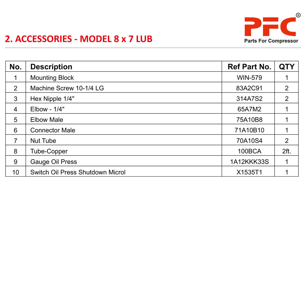 Accessories IR 8 X 7 ESV LUB Air Compressor Parts | PFC - Parts For ...