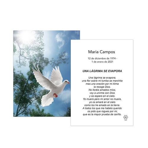 50 Tarjetas de recordatorios funerales, tarjetas conmemorativas, Paloma ...