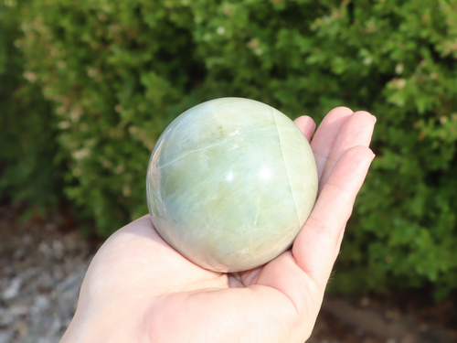 Supercharged Flashy Garnierite Pale Green Moonstone Sphere and Stand Reiki | Poppies & Moonstones