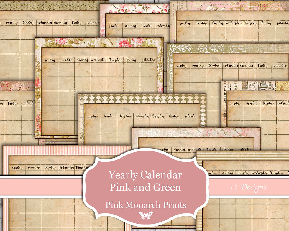 Yearly Calendar Pink and Green | Pink Monarch Prints