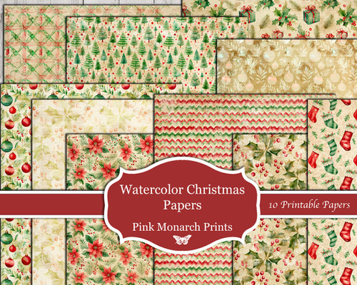 Watercolor Christmas Paper Set | Pink Monarch Prints