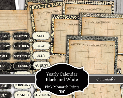 Yearly Calendar Black and White | Pink Monarch Prints