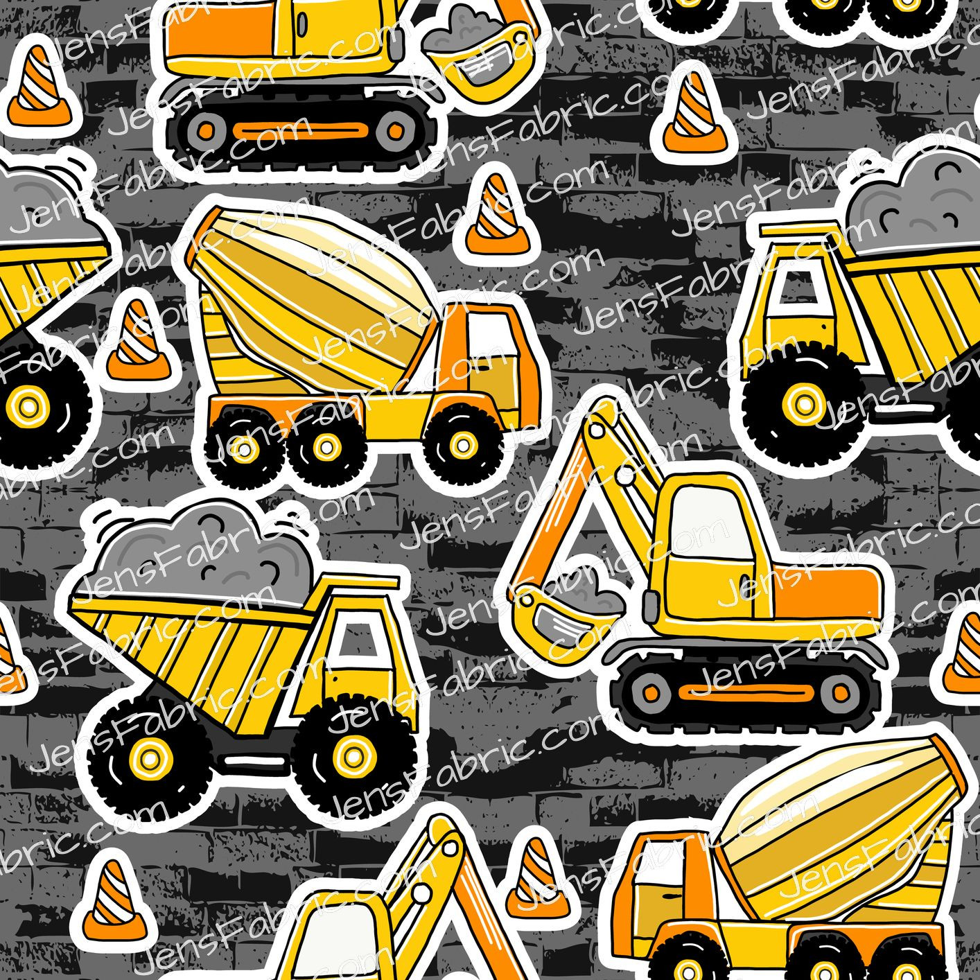 Construction Vehicle Stickers on black | Jen's Fabric