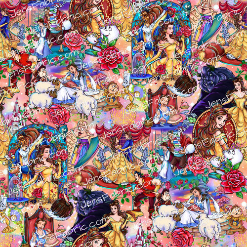 Magical Motif Beauty and the Beast: main on pink rainbow | Jen's Fabric