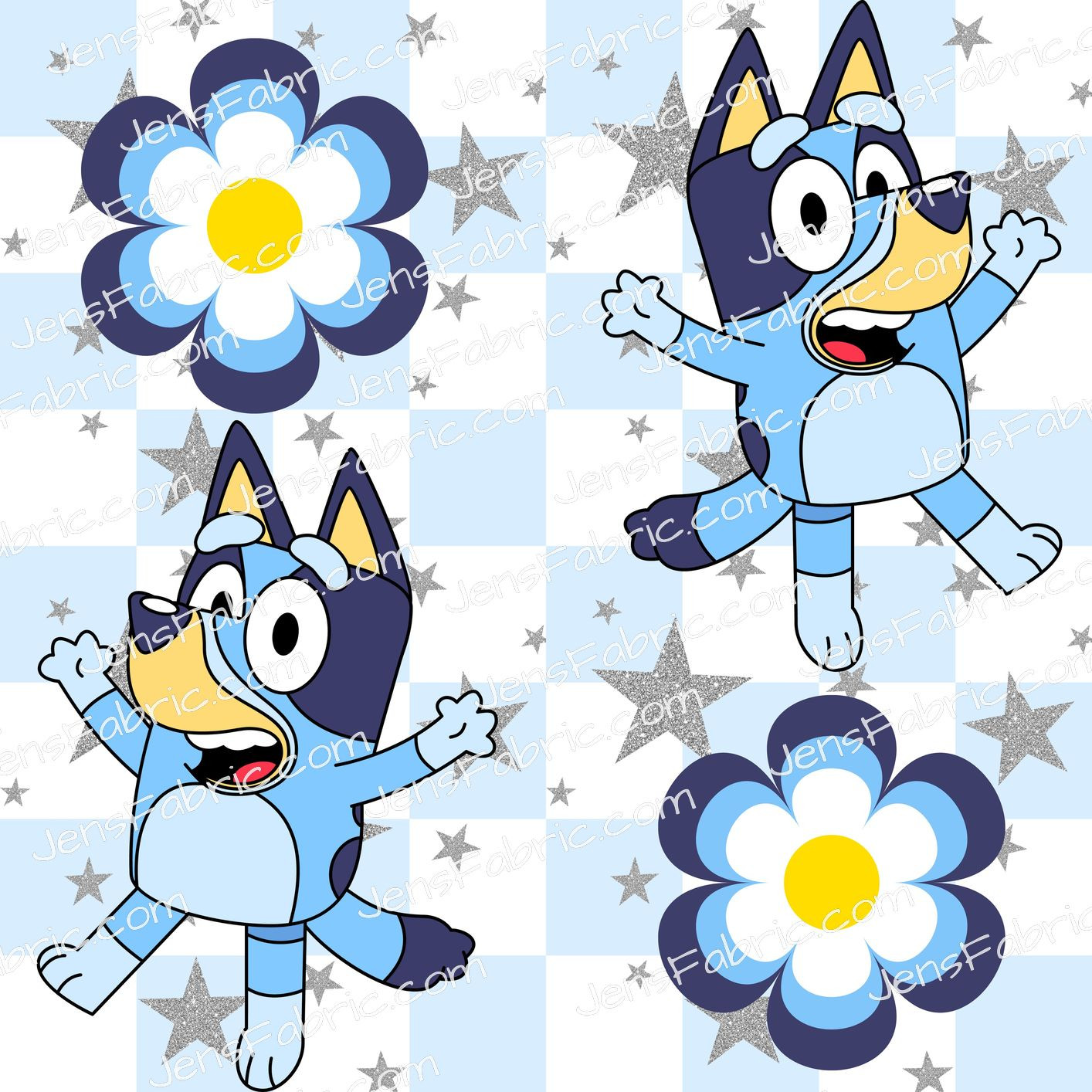 Bluey Flowers and Stars on Checkers | Jen's Fabric