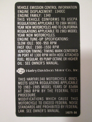 Vehicle Emissions Control Decal Harley FXR-1340 | hi-speedmotorcycles