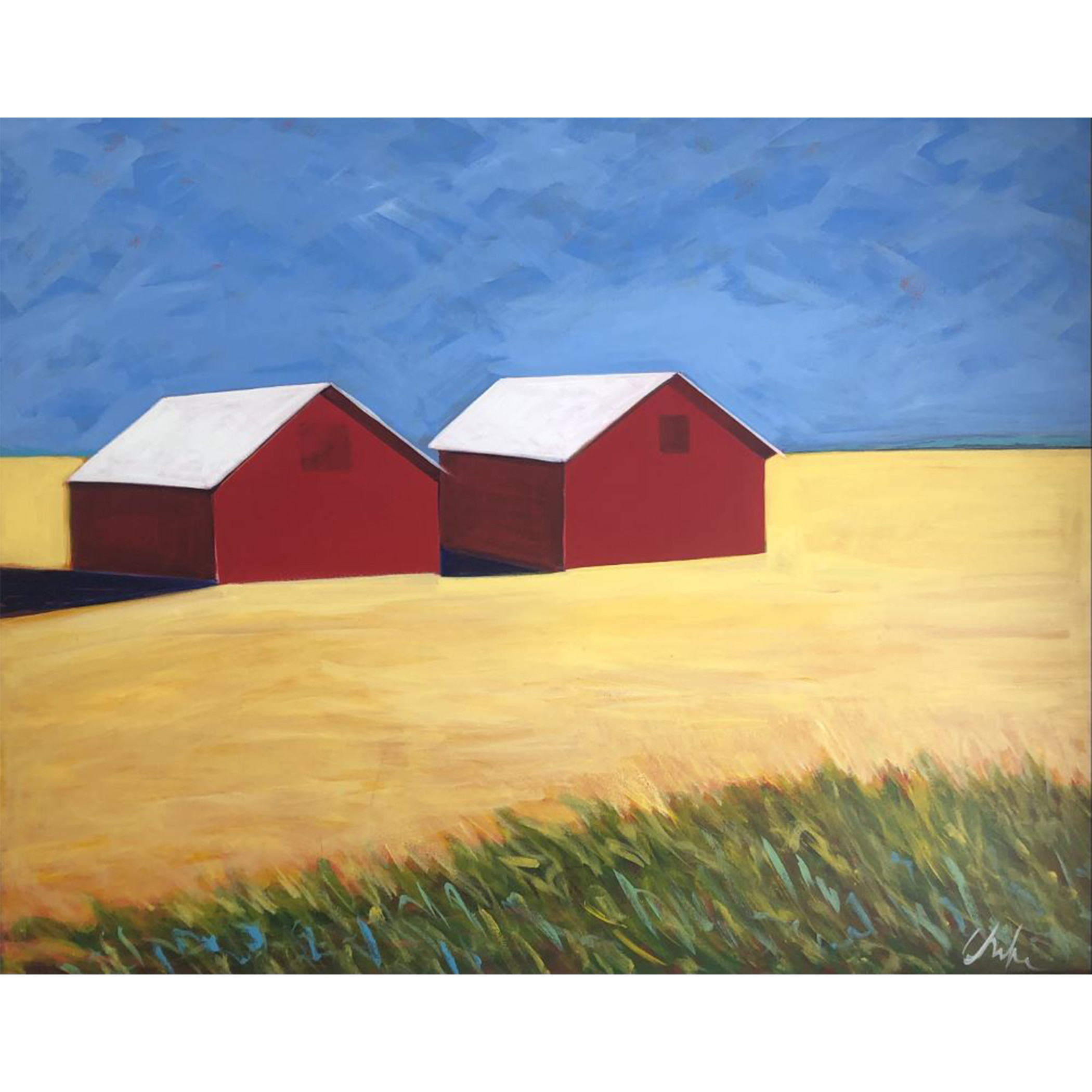 Two Red Barns on Yellow Field