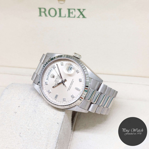 Rolex 36mm 18K White Gold Silver Diamonds Dial Day-Date REF: 18239 (W Series) | pngwatchdealer