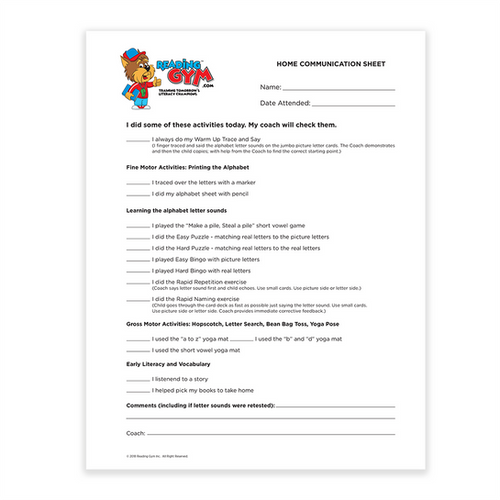 Reading Gym Home Communication Sheets | Reading Gym
