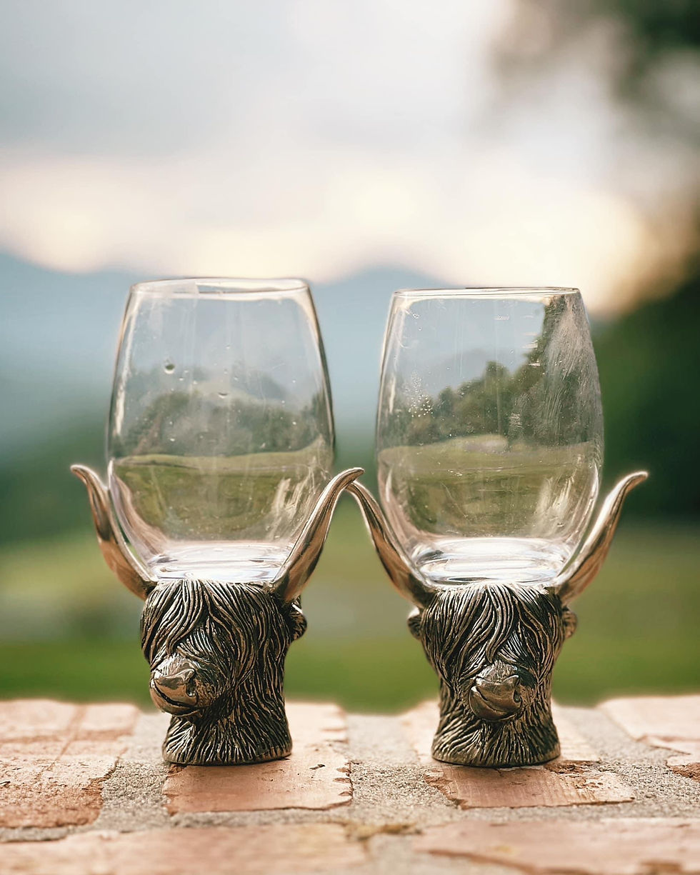 Handmade Pewter Highland Cow Wine Glass Pair | Happy Highlands