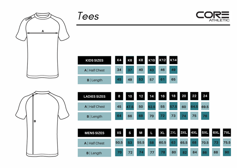Core Athletic Size Guides | Sportswear and Team Uniforms | New Zealand