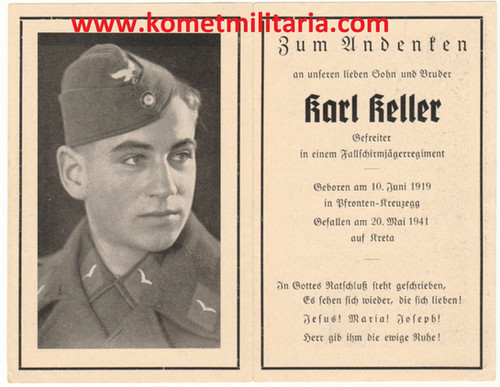 sterbebild-death card Fallschirmjäger FLAK MG Btl, KIA Heraklion Kreta ...
