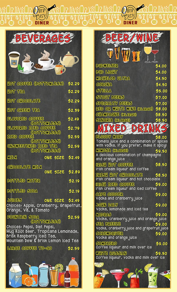 Beverages - Including Beer, Liquors | Ober Easy Diner