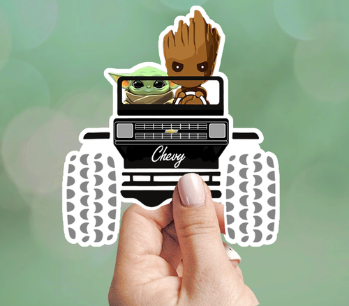Groot driving Chevy with Yoda Sticker | Prints2Stickers