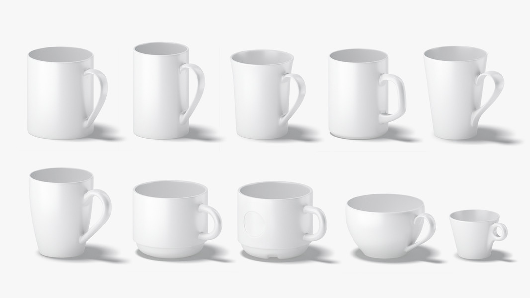 10 Mugs Shapes - white ceramic cups with different forms and sizes 3D Model
