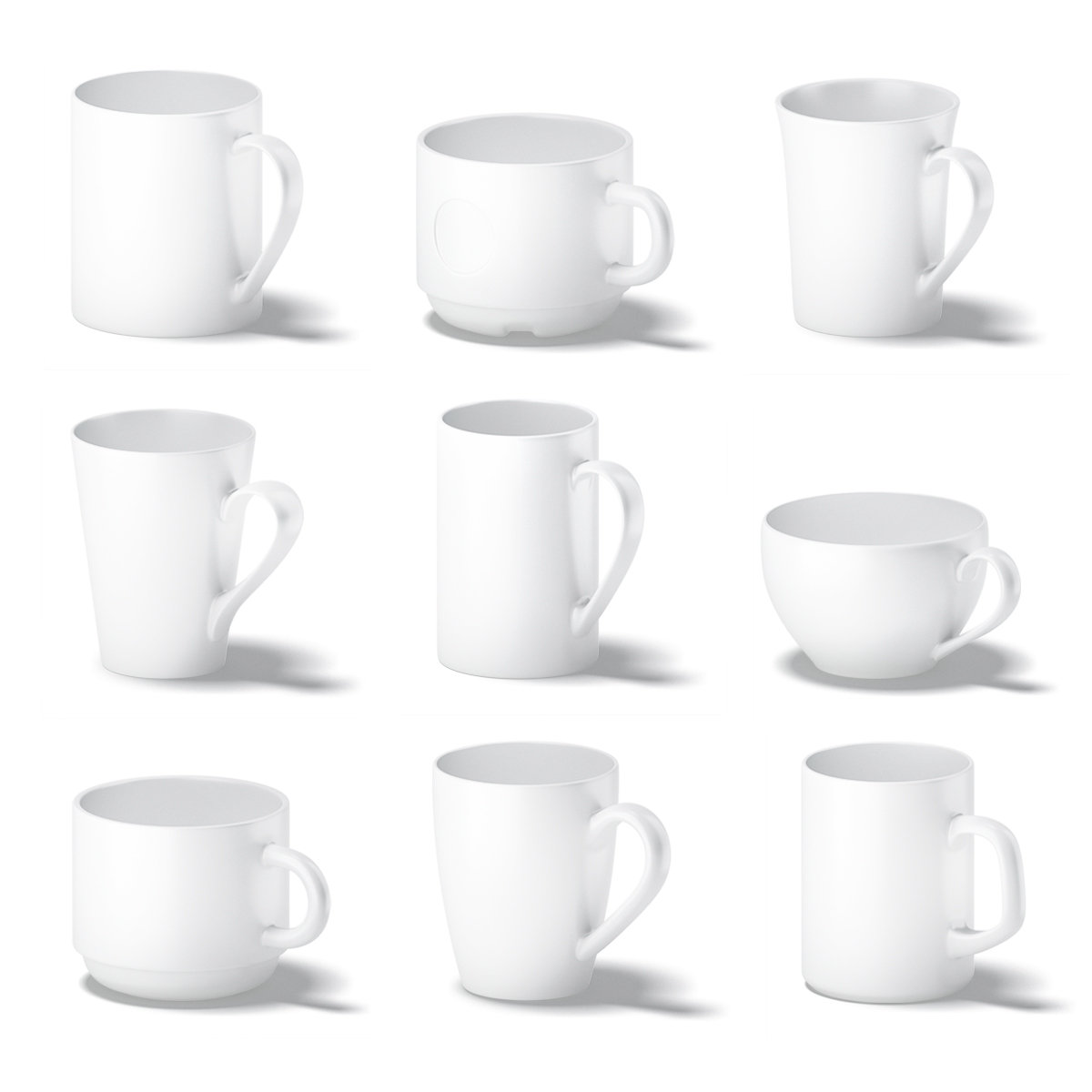10 Mugs Shapes - white ceramic cups with different forms and sizes 3D Model