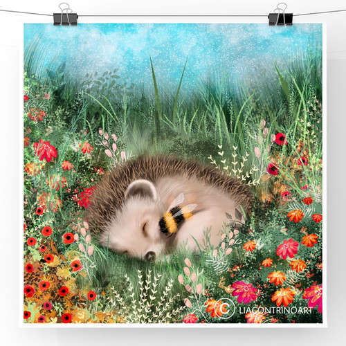 Hedgehog & Bee Cuddle Print | Lia Contrino Art