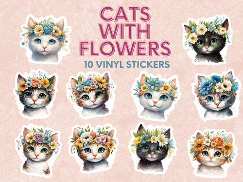Cats With Flowers - 10 Stickers | Kabi Kove