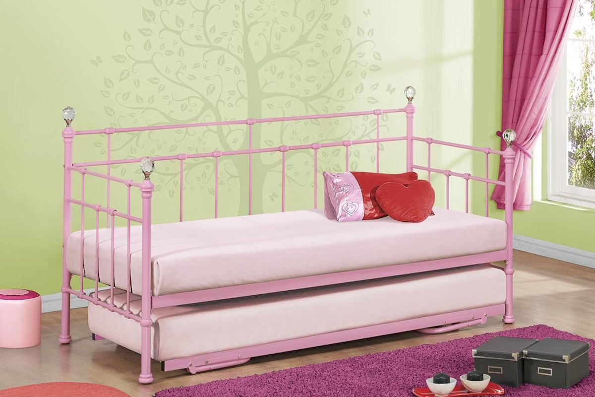 Kids Daybed with Trundle Girls And Boys Pink Or Cream Crystal Finials ...