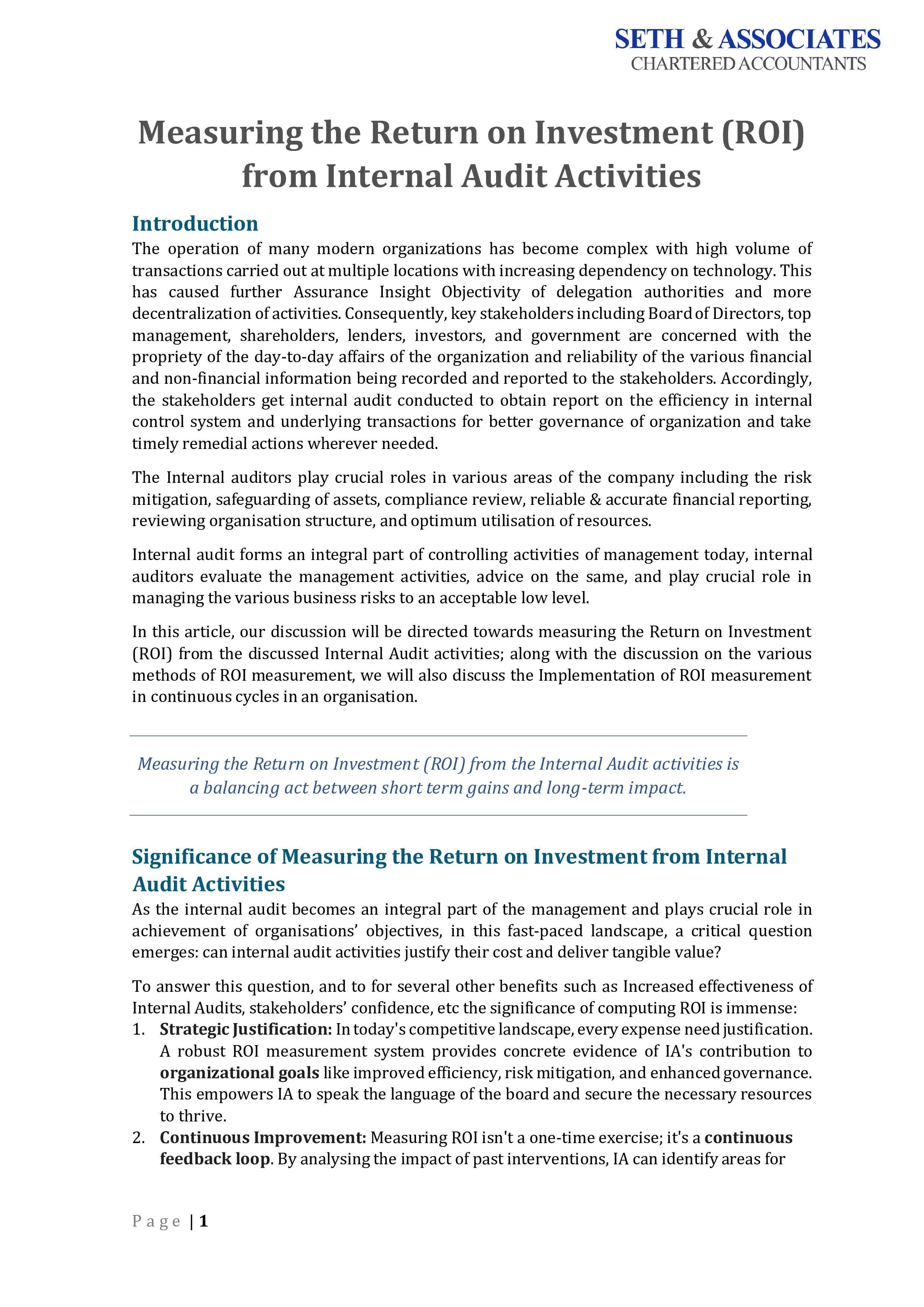 Measuring ROI of Internal Audit Measuring ROI of Internal Audit