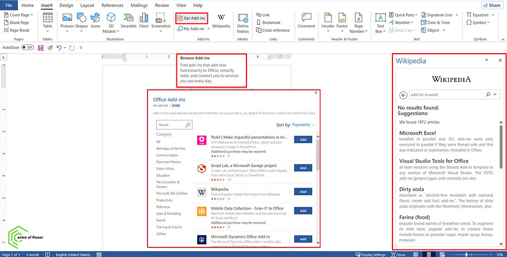 MS Word: Add - ins Group in the Insert Tab to get Add - ins