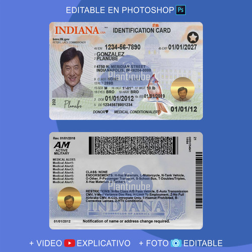 plantilla ID CARD INDIANA (USA) editable en photoshop (actualizada ...