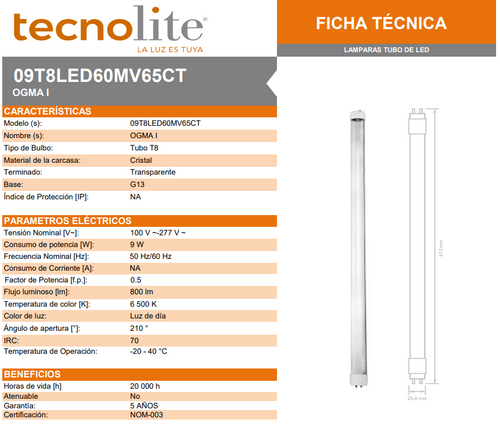 TUBO LED 9W, T8, 6500°K, 120-277V, G13, 09T8LED60MV65CT, TECNOLITE ...