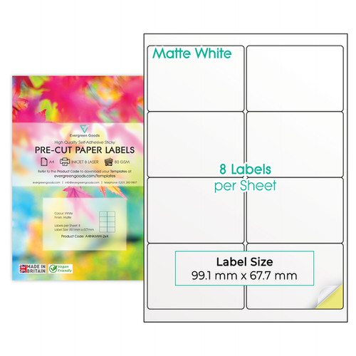 Multi Precut A4 Labels Matte White Paper (2x4, 8 Per A4 Sheet)