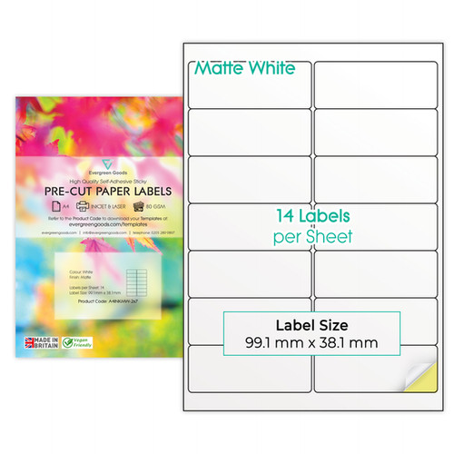 Multi Precut A4 Labels Matte White Paper (2x7, 14 Per A4 Sheet)