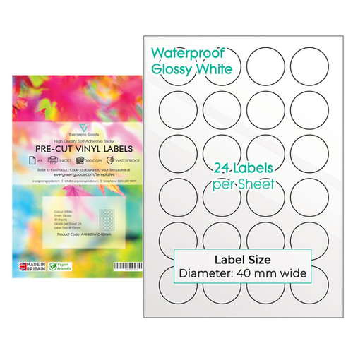 Precut Circle Labels Glossy White Vinyl Waterproof (4x6, 24/A4 Sheet)