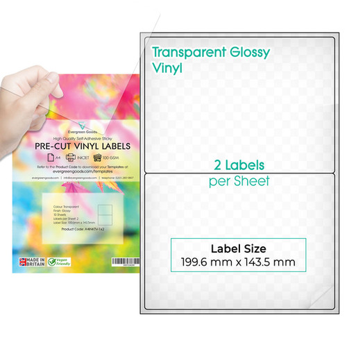 Precut Transparent A4 Labels Vinyl (1x2, 4/A4Sheet), Evergreen Goods