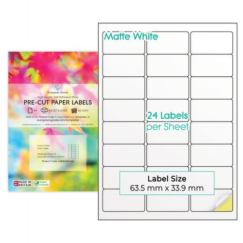 Multi Precut A4 Labels Matte White Paper (3x8, 24 per A4 Sheet)