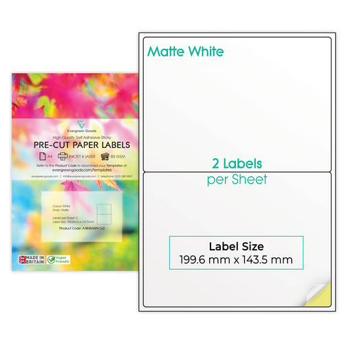 Multi Precut A4 Labels Matte White Paper (1x2, 2 Per A4 Sheet)