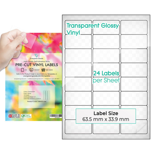 Glossy Rectangular Precut Transparent A4 Labels (3x8, 24 Per A4 Sheet)
