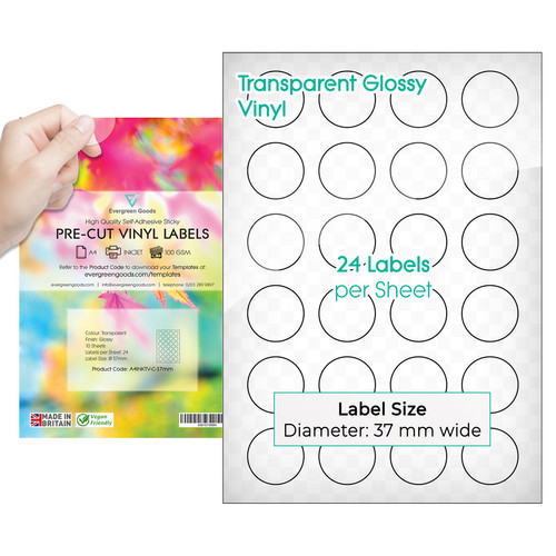 Transparent Glossy Precut Round Labels (4x6, 24 Per A4 Sheets)