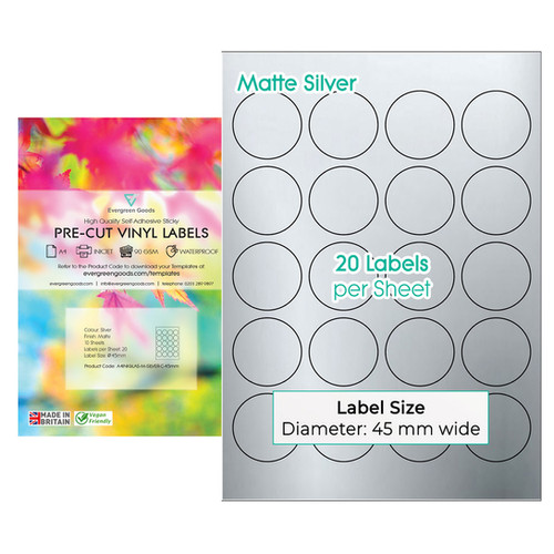 Ø45mm Precut Circular Labels Matte Silver Vinyl (4x5, 20 Per A4 Sheet)