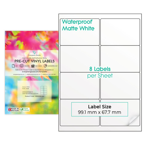 8-Pack Matte White Vinyl Rectangular Multi Precut A4 Labels