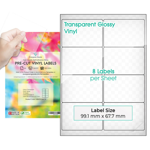 Rectangular Glossy Precut Transparent A4 Labels (2x4, 8 Per Sheet)