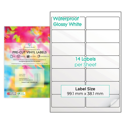 Glossy White Rectangular Precut A4 Labels (2x7, 14 Per A4 Sheet)