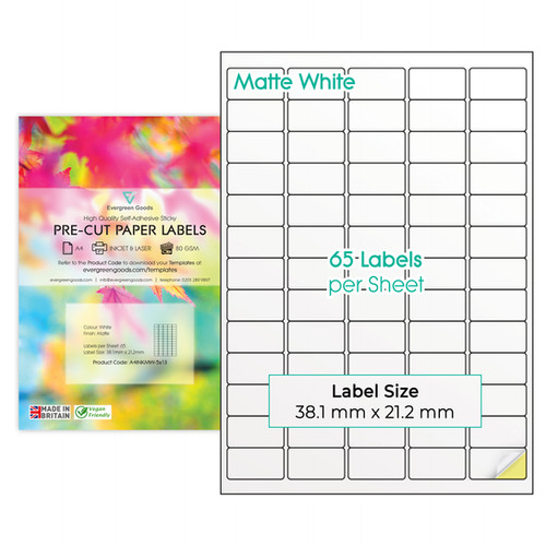 Multi Precut A4 Labels Matte White Paper (5x13, 65 per A4 Sheet)